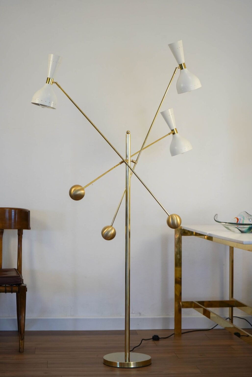 Contrappeso Terra, Brass Floor Lamp , Pivoting Three-Arm with twin ...